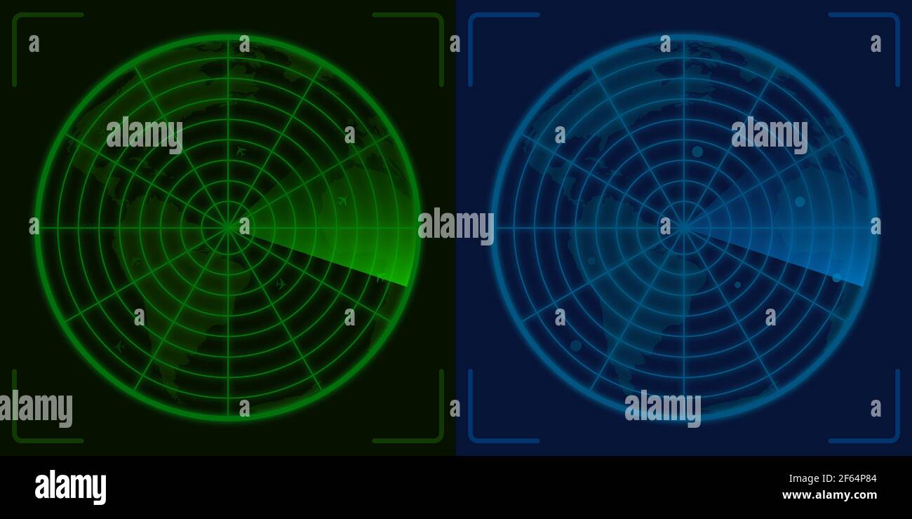 Green and blue radar screen with small planes. Civil and military ...