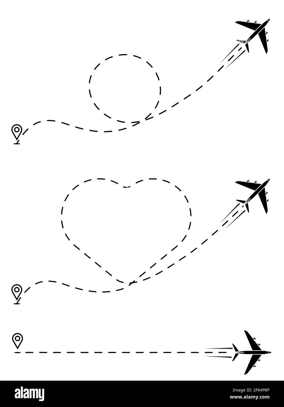 civil aircraft icon with dotted trail of movement along route. Airplane ...
