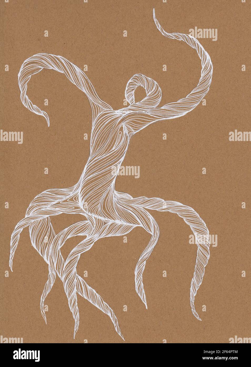 Dancing tree spirit, line drawing white gel pen on craft paper Stock ...