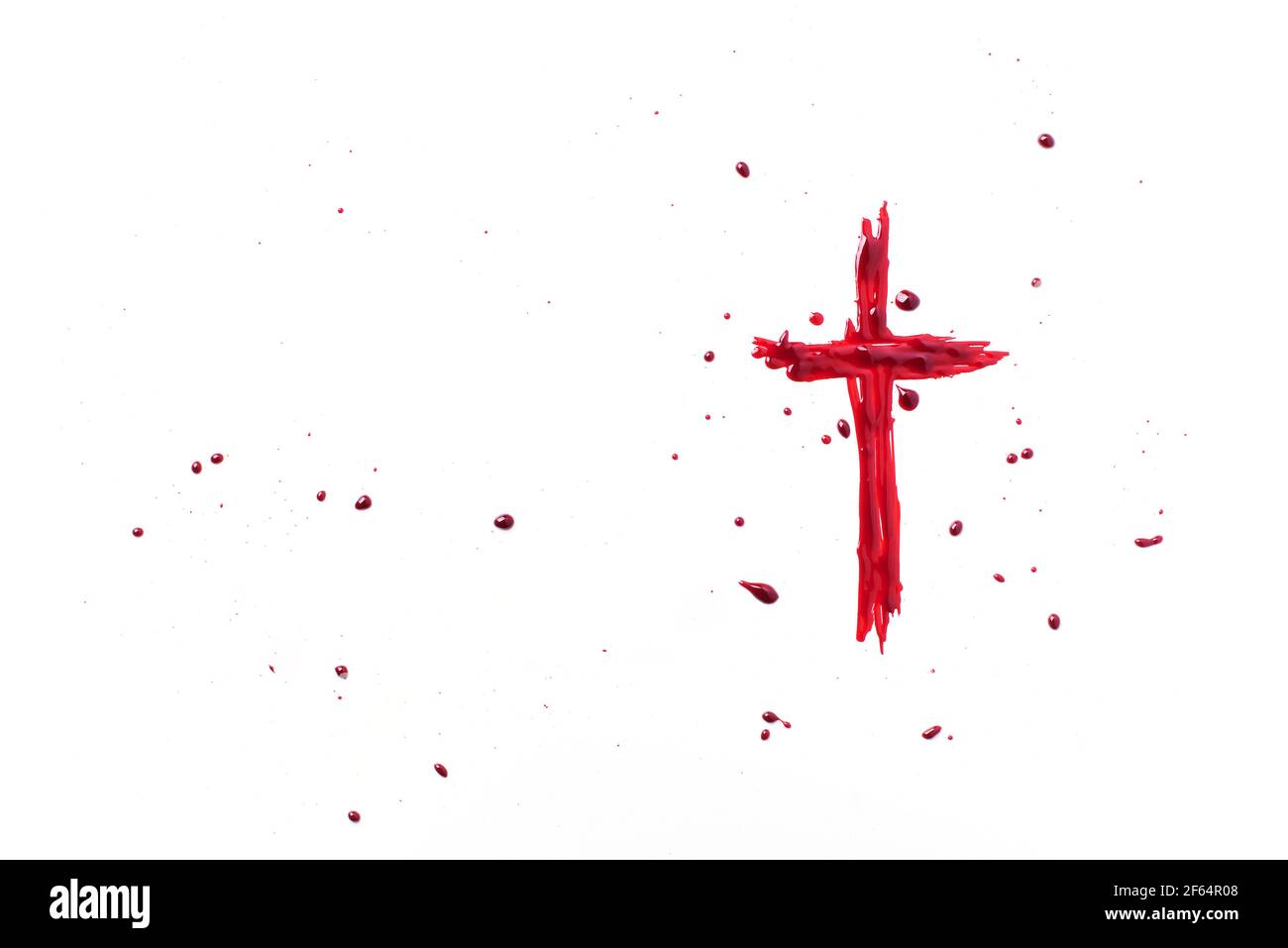 Crucifix ox Jesus Christ made with blood isolated on white background. Top view. Palm Sunday ...