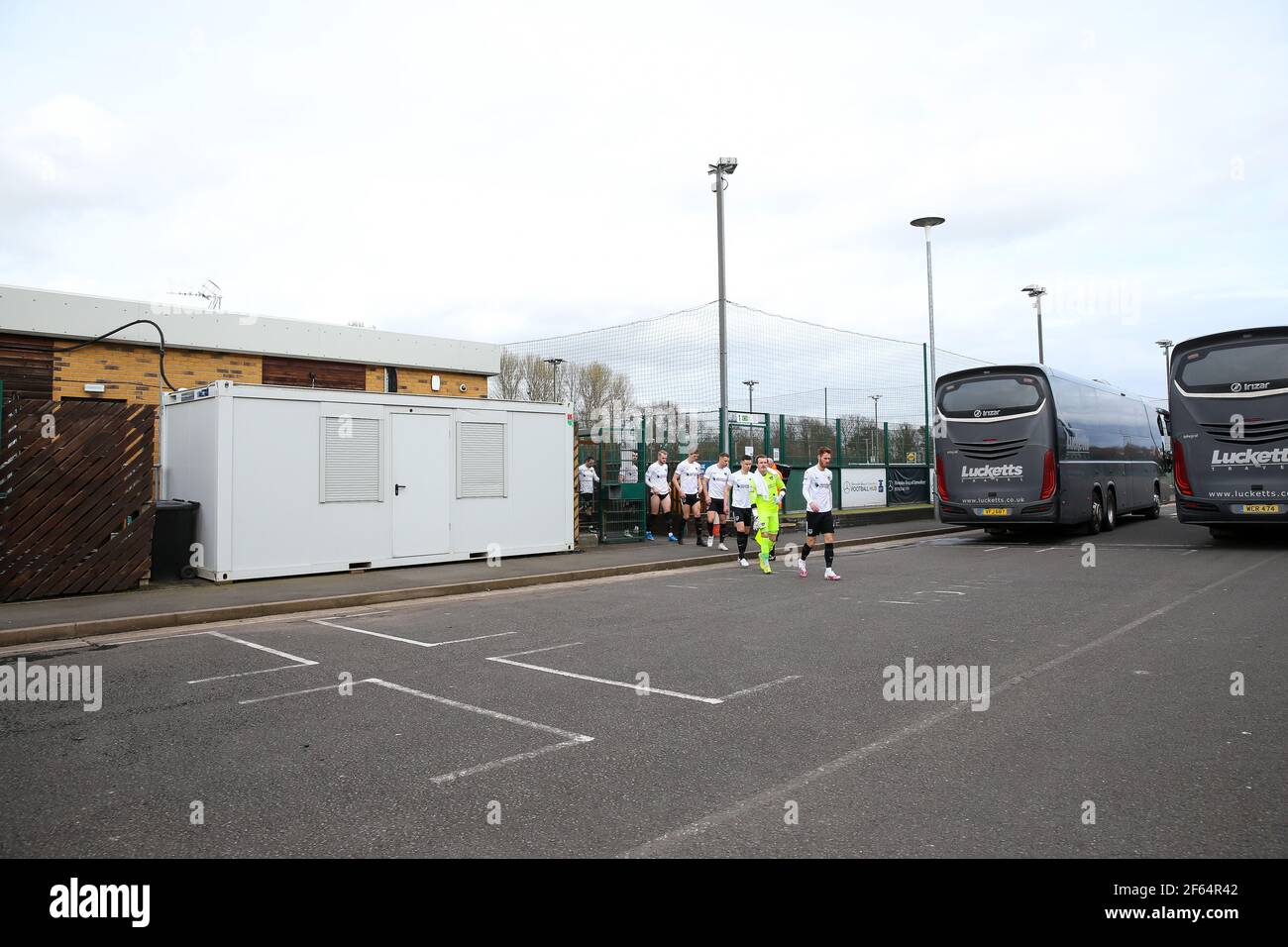 Portsmouth players exit the temporary away dressing room outside the ...