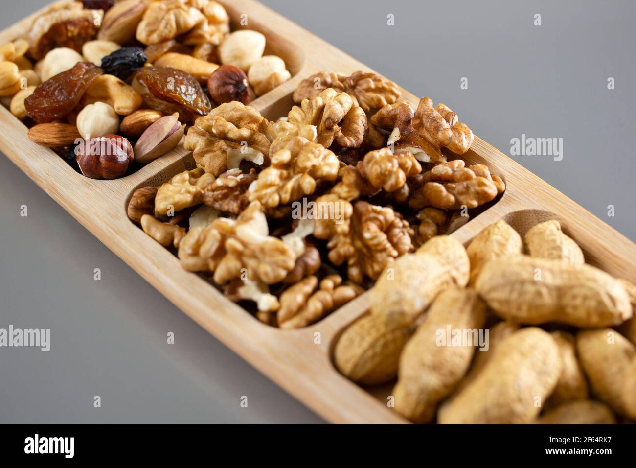 Mixed nuts in a bamboo plate. Healthy food concept Stock Photo - Alamy