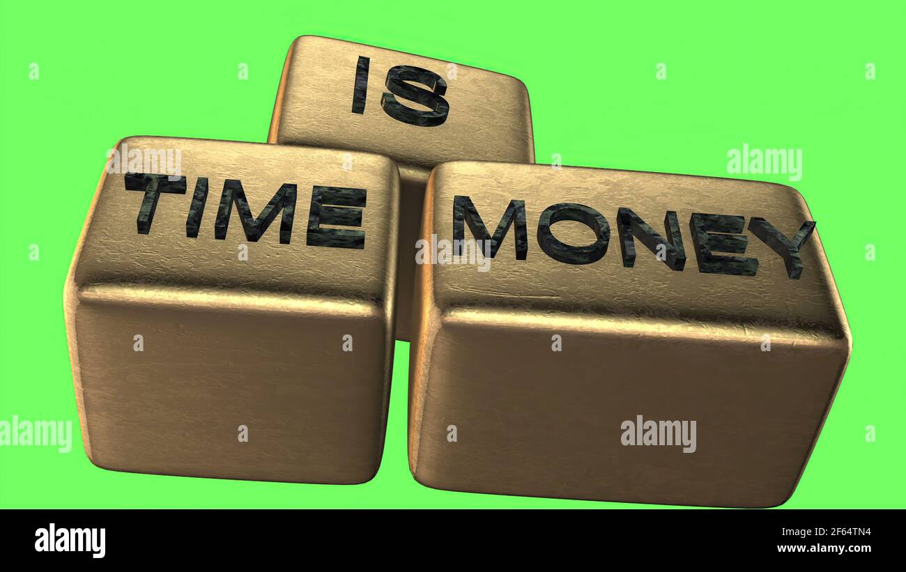 3d rendering of golden cubes with word "time is money" on green screen ...