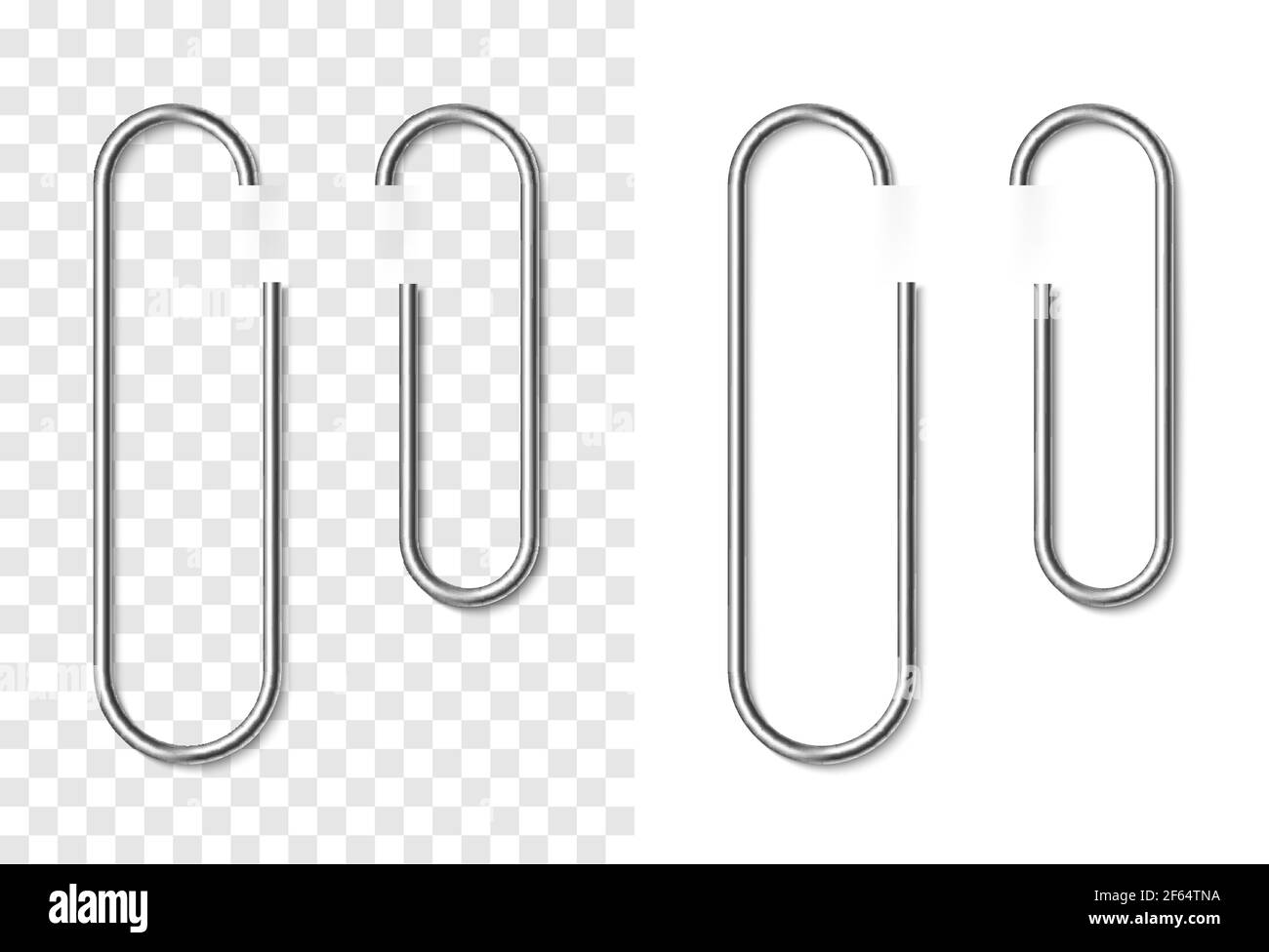 Set of silver metallic realistic paper clip on white and transparent ...