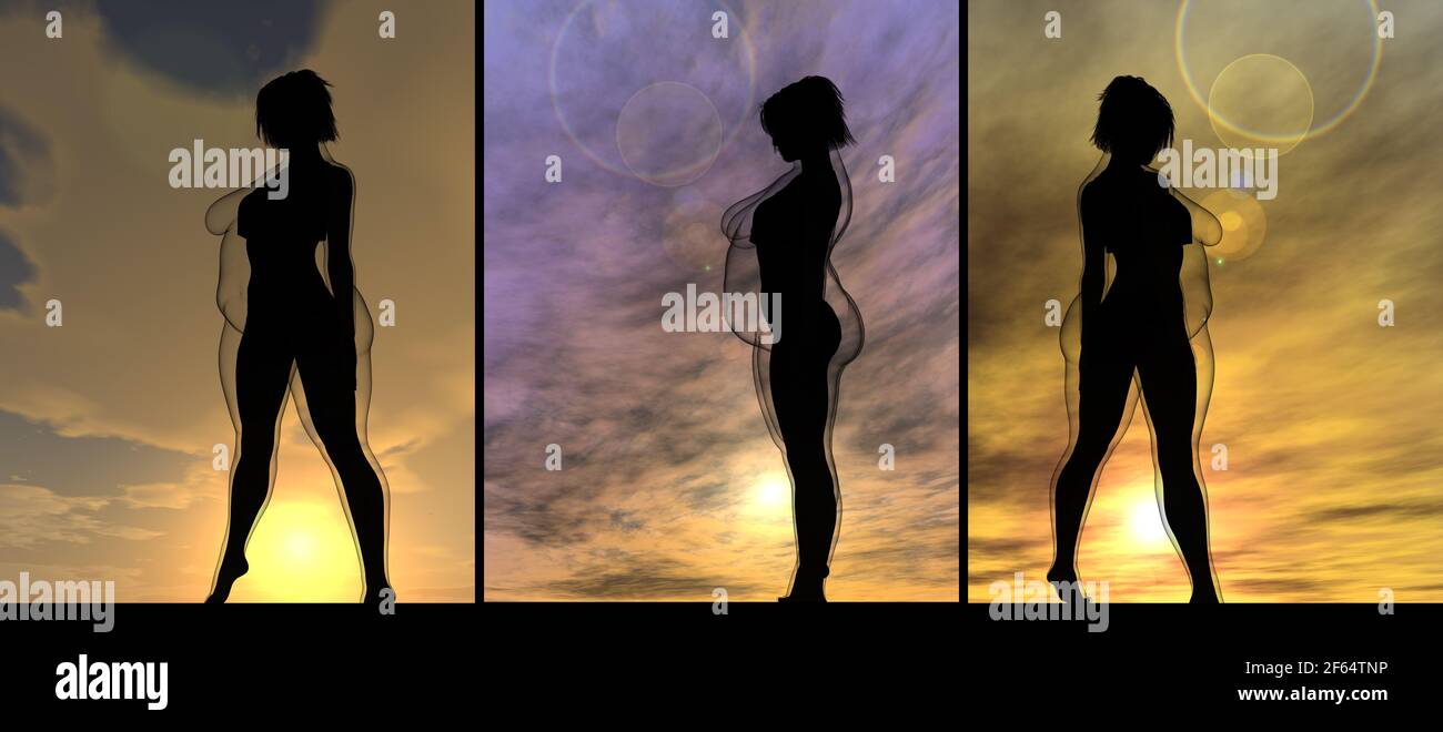 Conceptual fat overweight obese female vs slim fit healthy body after ...