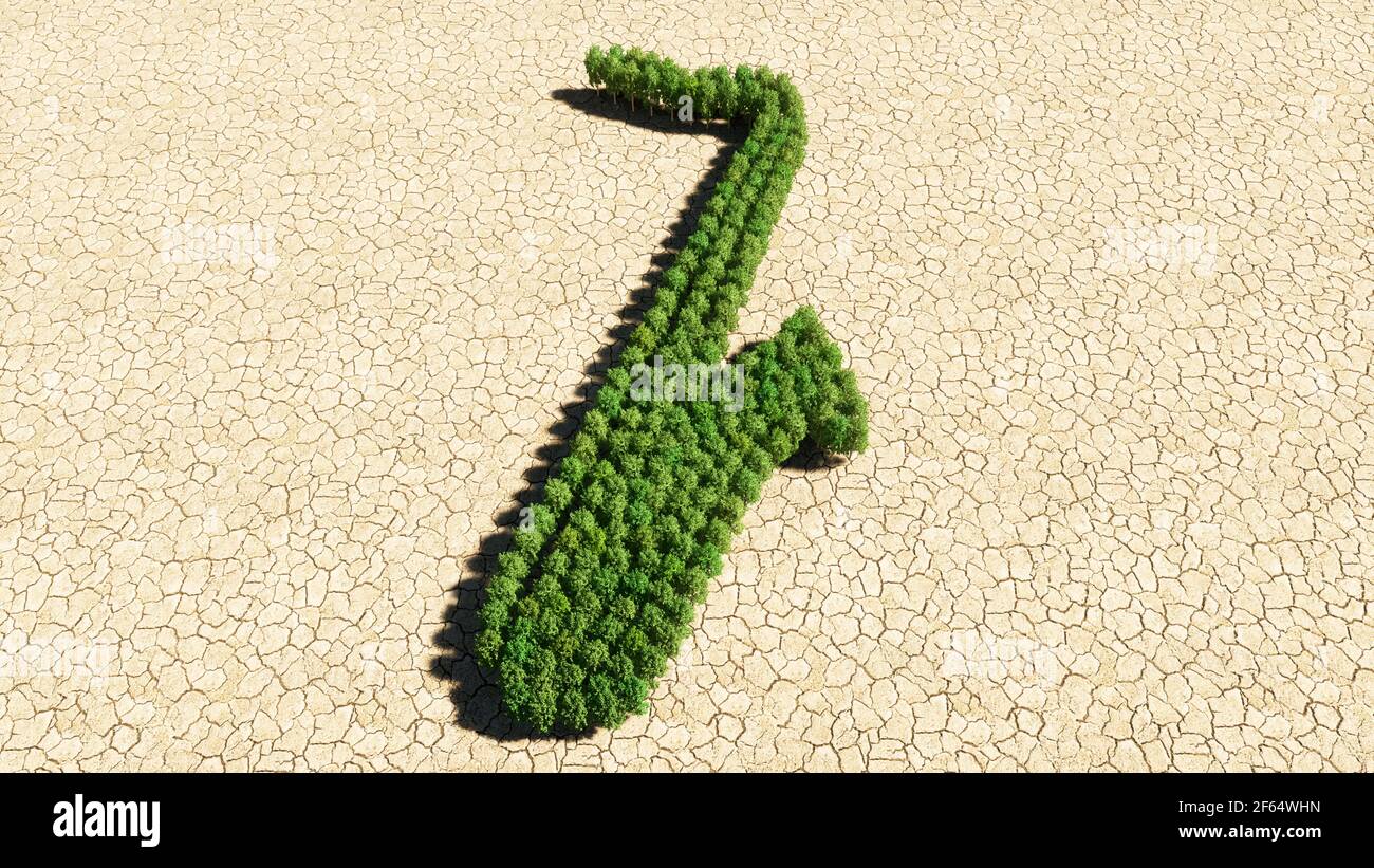 Concept or conceptual group of green forest tree on dry ground ...