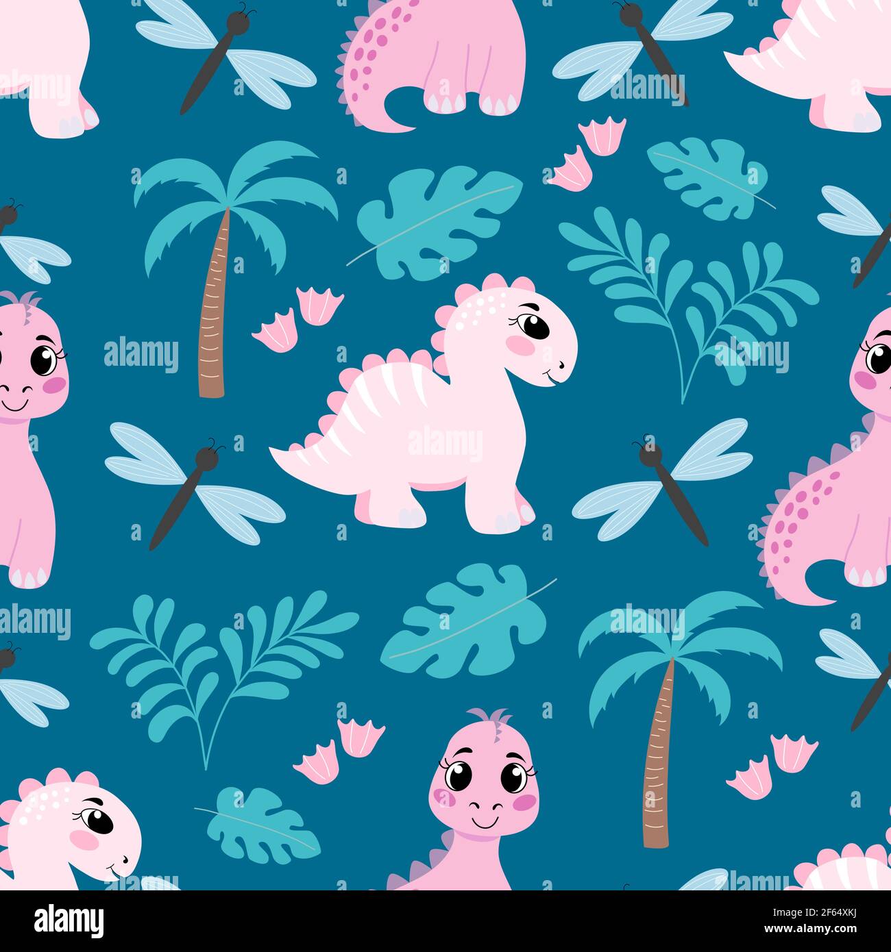 Seamless pattern with a cute pink dinosaur, leaves Stock Vector Image ...