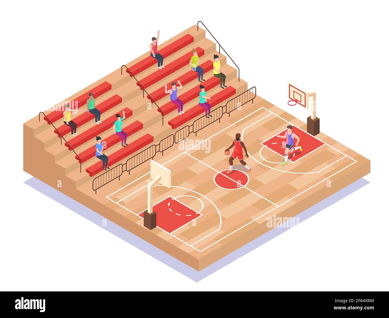 Isometric basketball court, players and fans, flat vector illustration ...