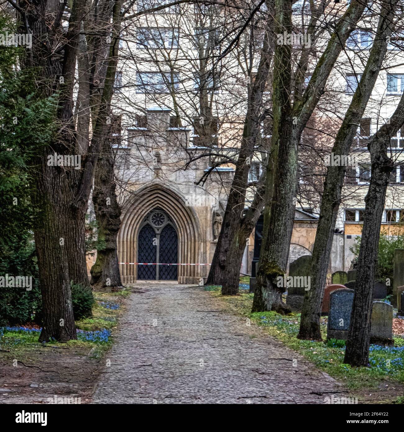 Colonnade of arched trees, path & and tomb in St. Nicholas and St. Mary ...