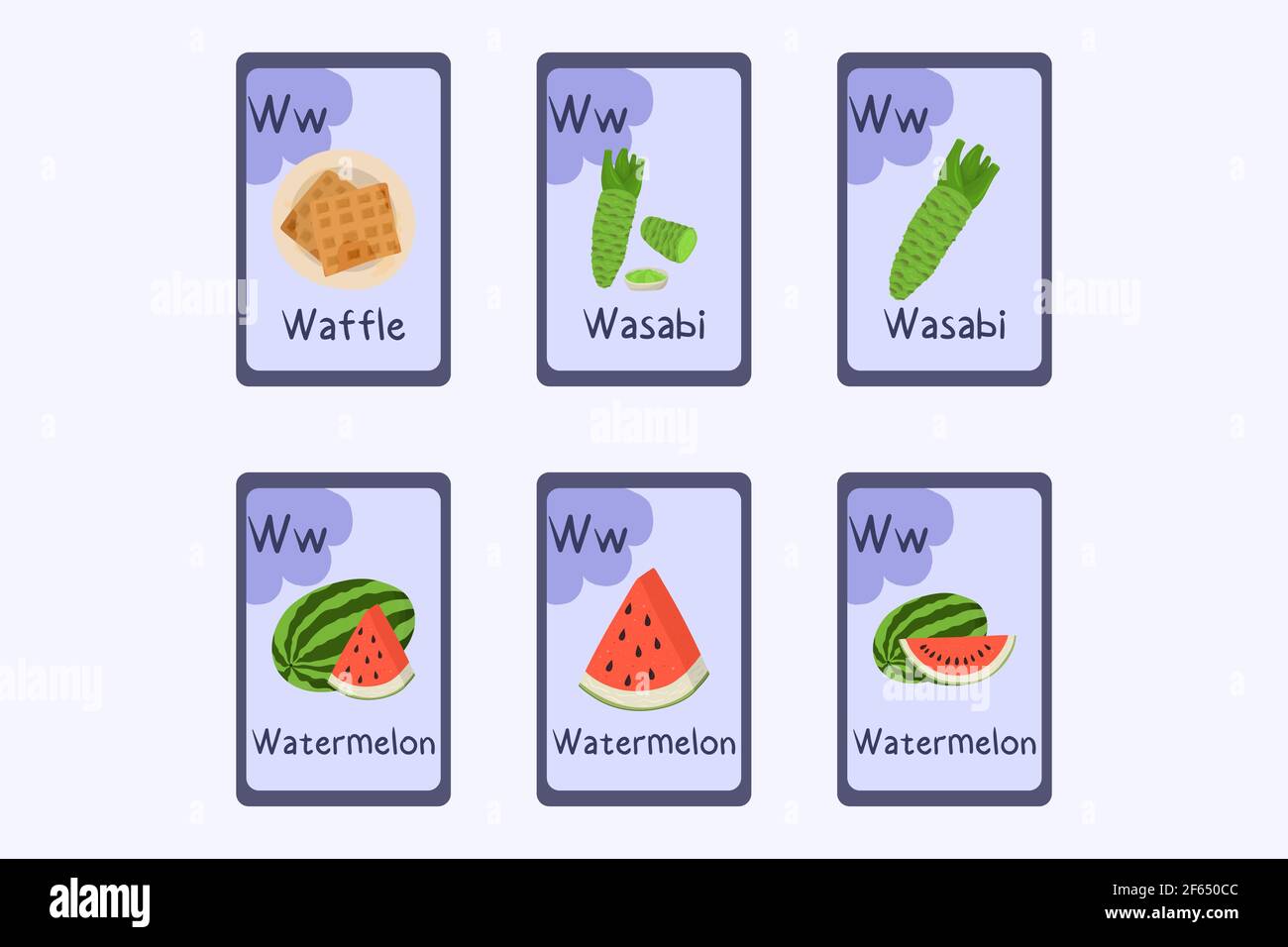 Colorful alphabet flashcard Letter W - waffle, wasabi, watermelon Stock ...