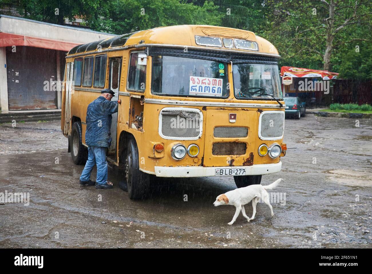 Yellow old Soviet bus PAZ-672 in the street of Kutaisi. Georgia Stock ...