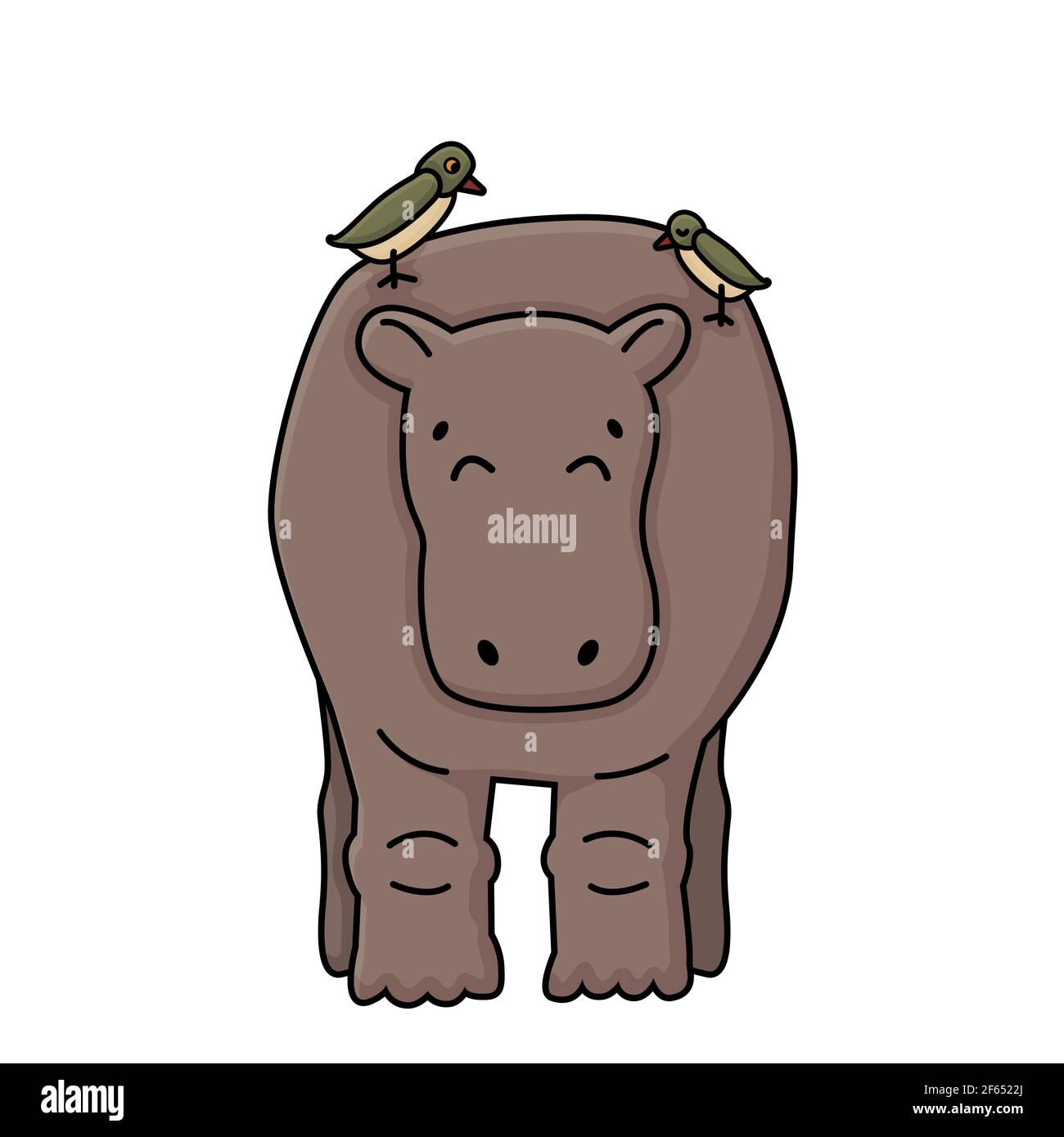 Brown vector outline cartoon gray kid hippo stands on the ground, eyes ...