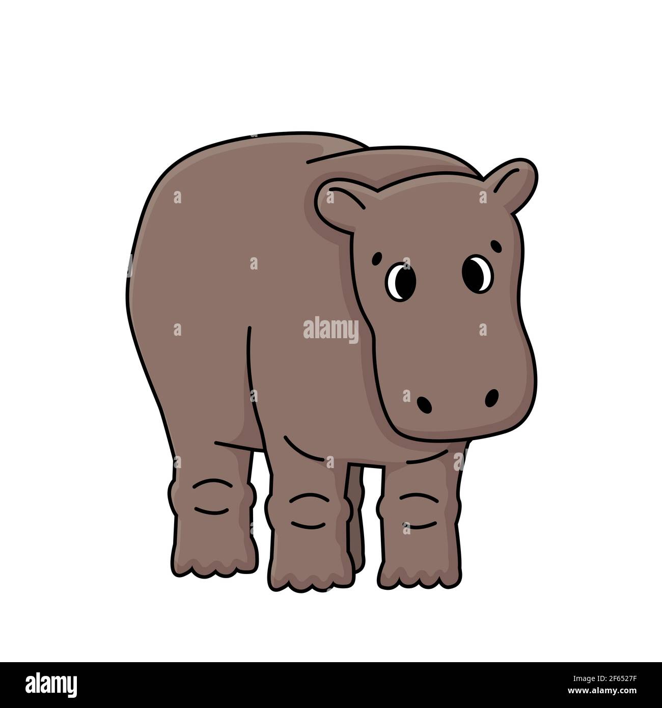 Cute brown outline doodle cartoon gray hippo stands or goes to ...