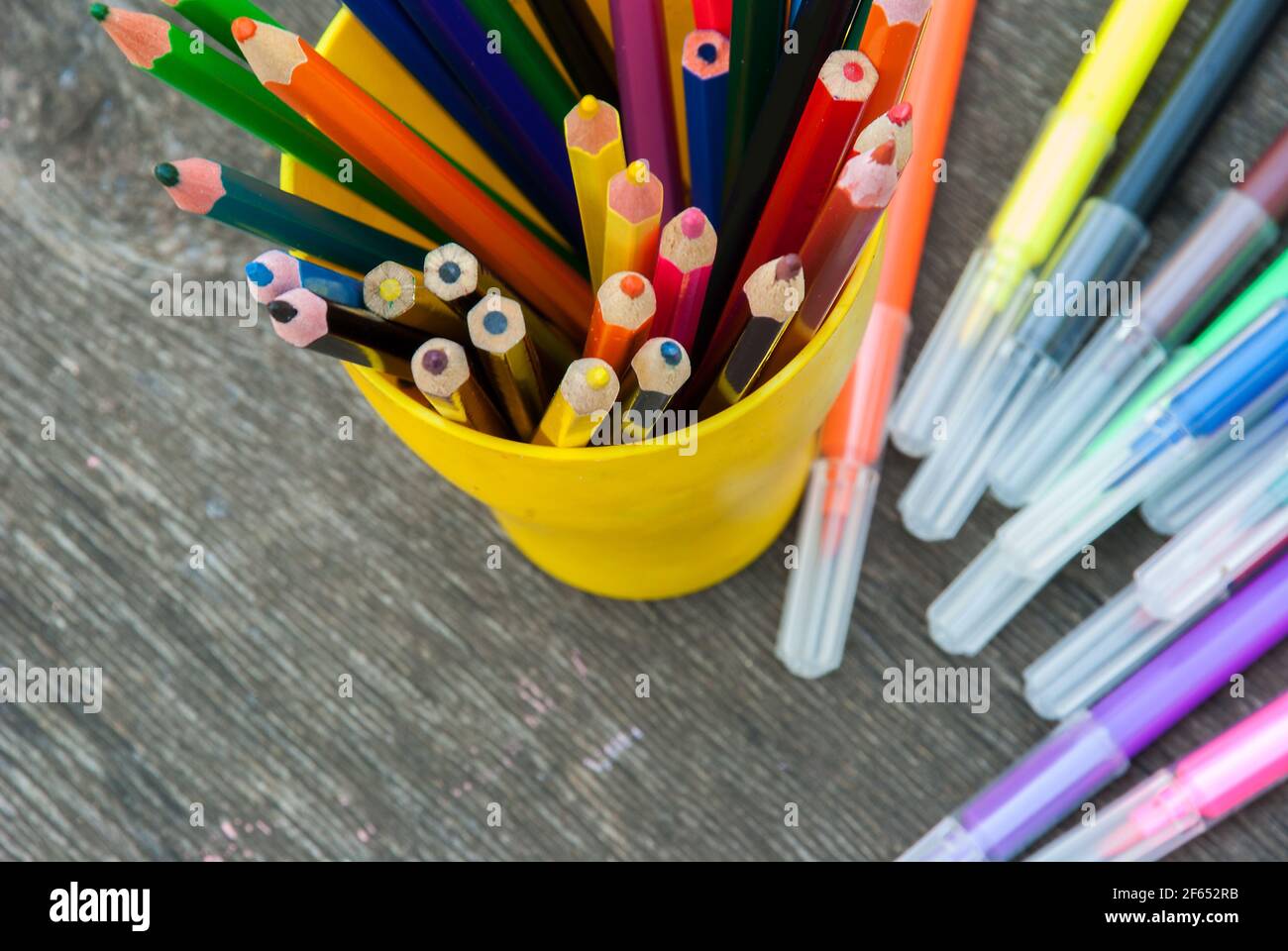 Color pencil on wooden background.Crayons. Colored Pencils. colored ...