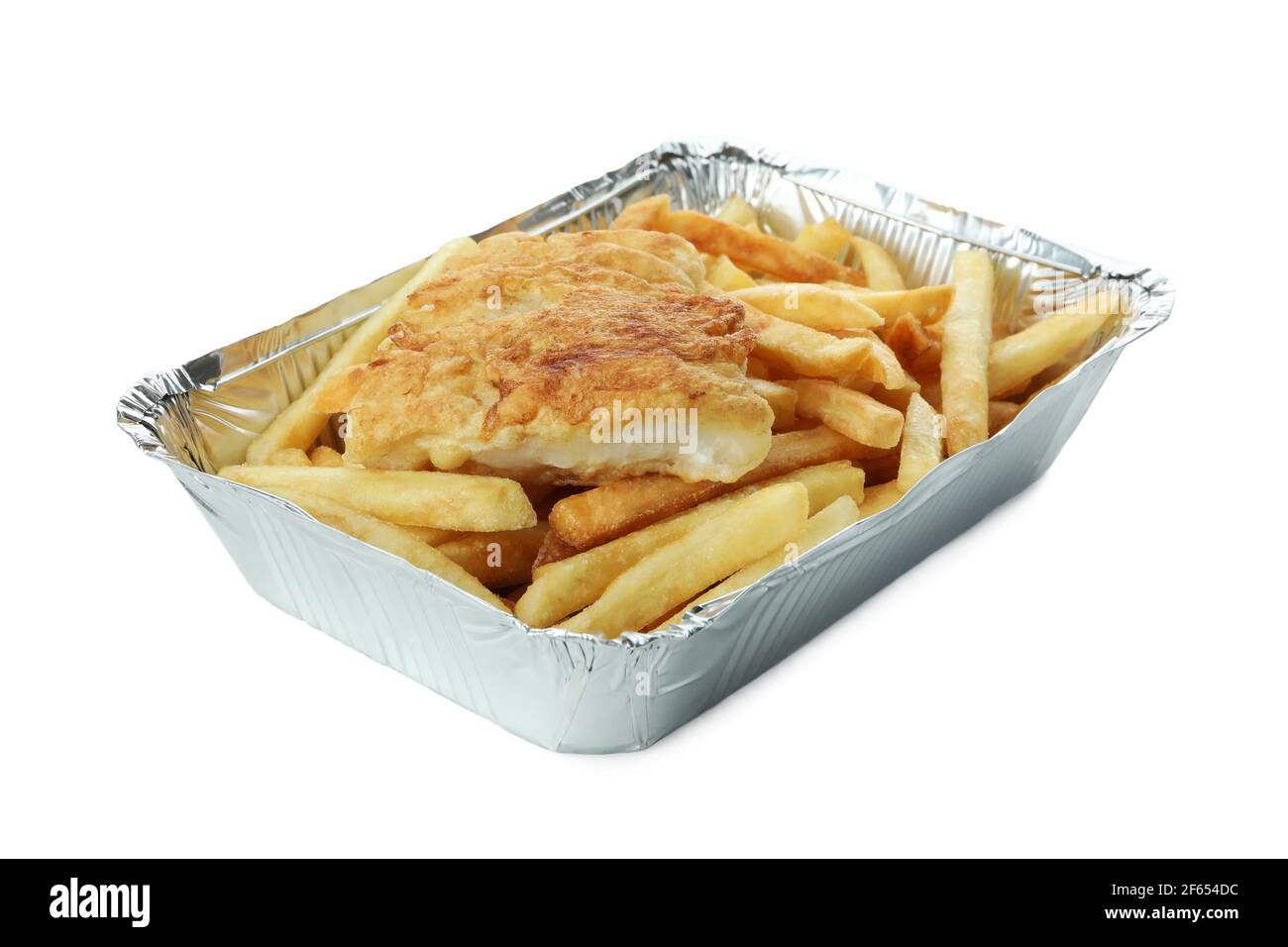 Foil container with fried fish and chips isolated on white background ...