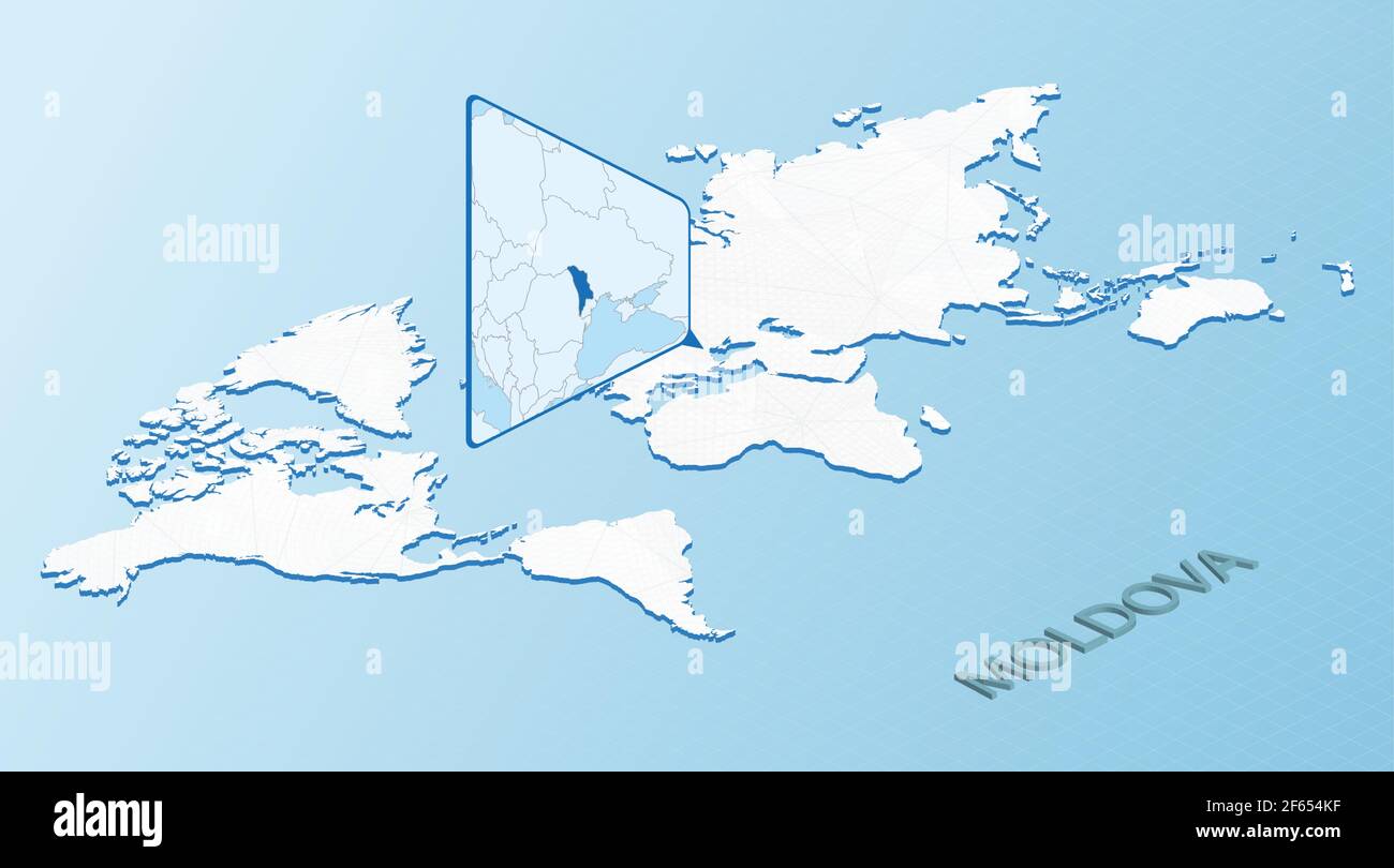 World Map in isometric style with detailed map of Moldova. Light blue ...