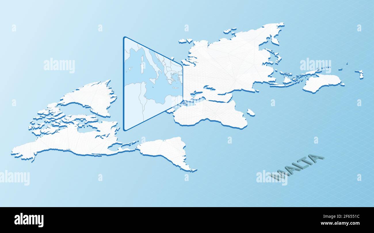 World Map in isometric style with detailed map of Malta. Light blue ...