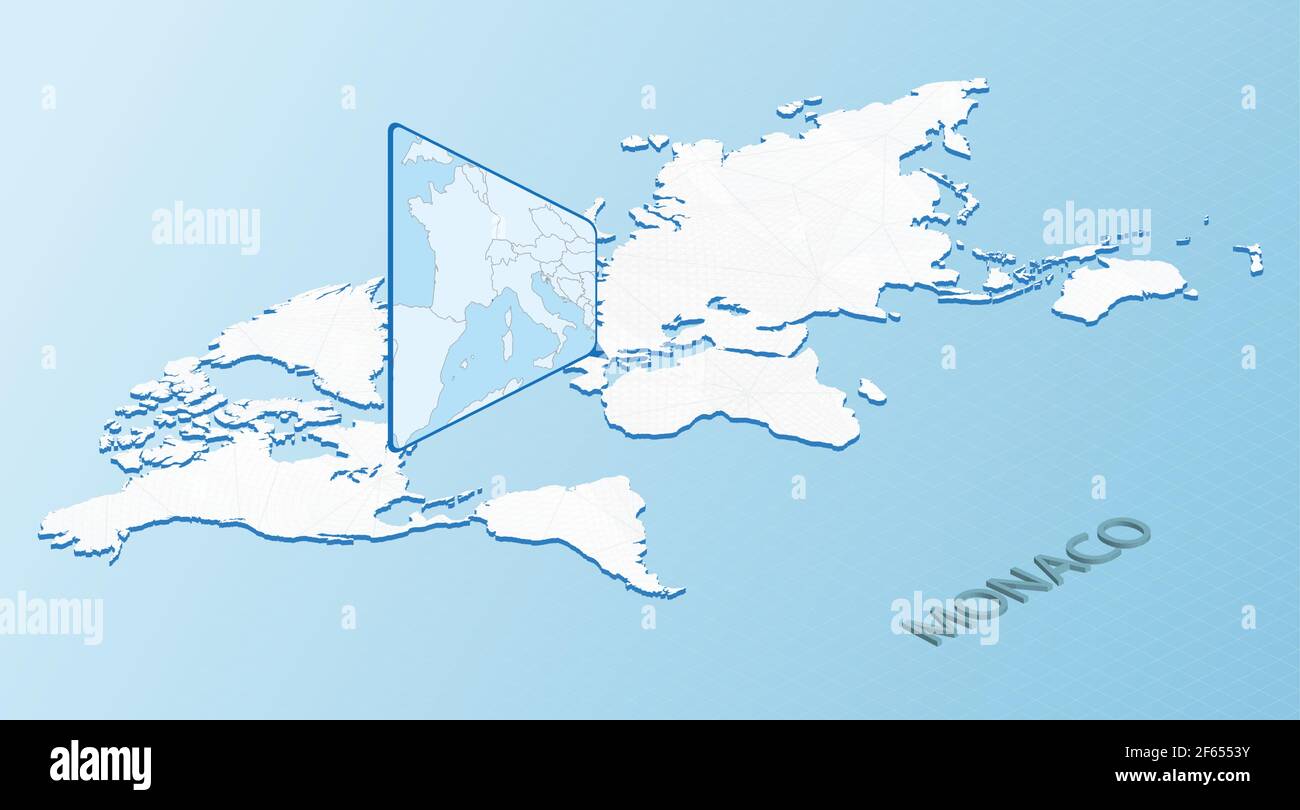World Map in isometric style with detailed map of Monaco. Light blue ...
