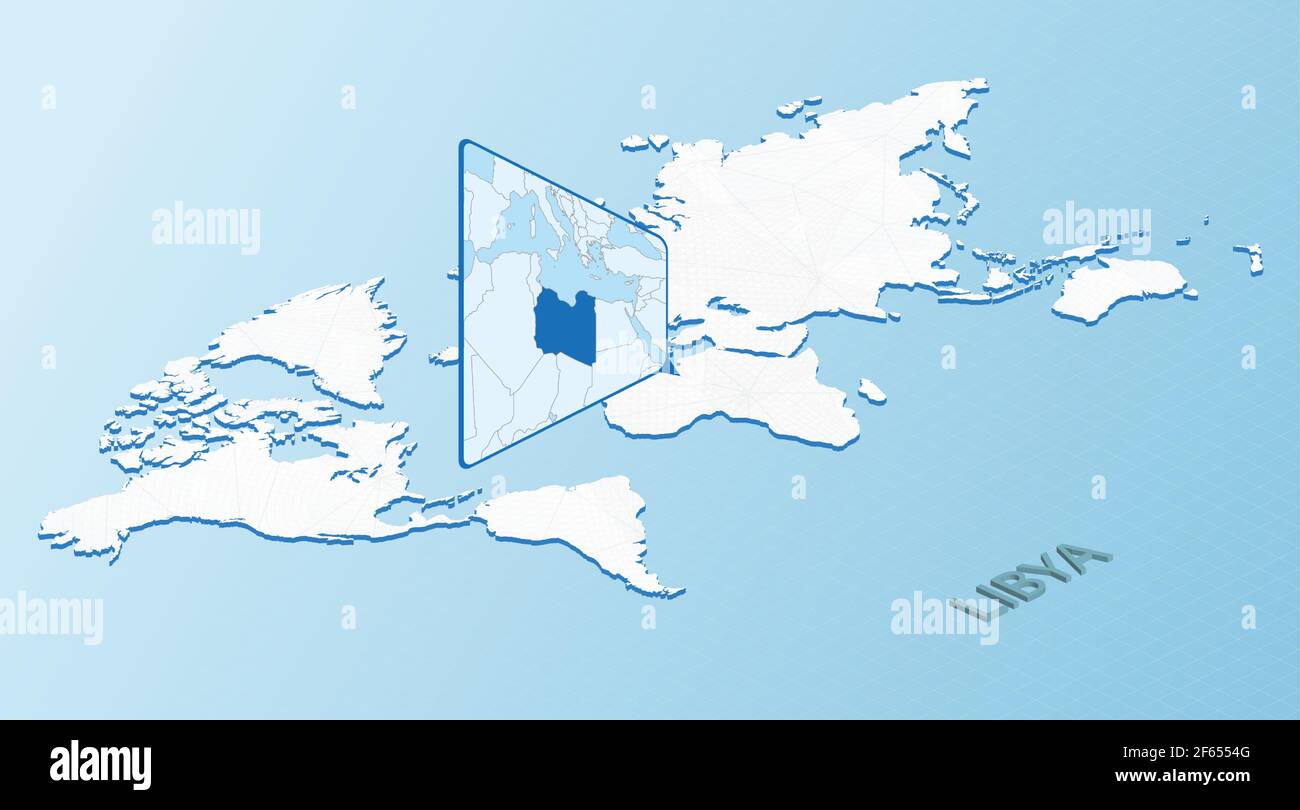 World Map in isometric style with detailed map of Libya. Light blue ...