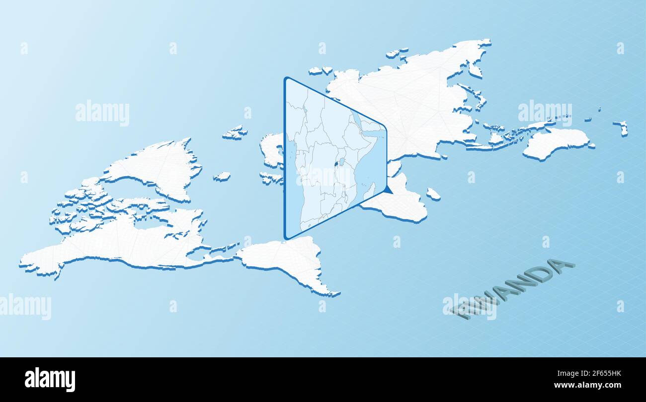 World Map in isometric style with detailed map of Rwanda. Light blue ...
