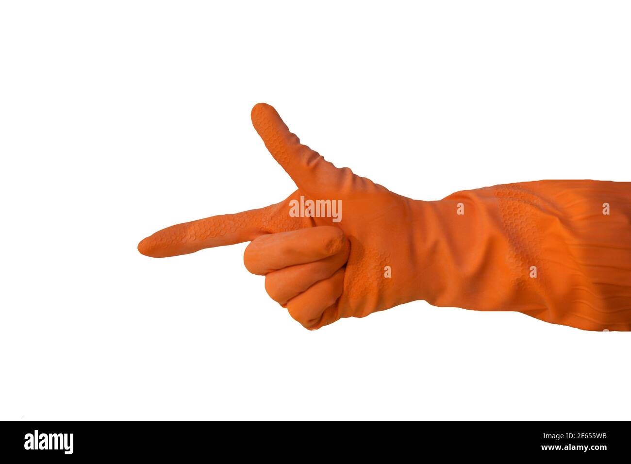Hand in orange rubber glove shows index finger at. Isolated on white ...