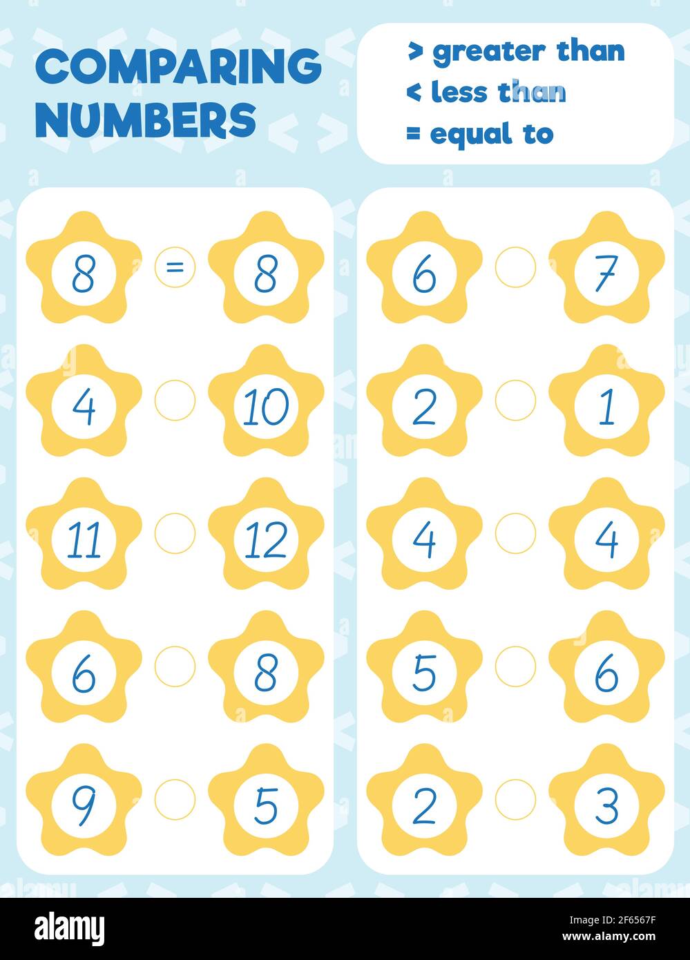 Comparing numbers worksheet practice print sheet. Vector illustration ...