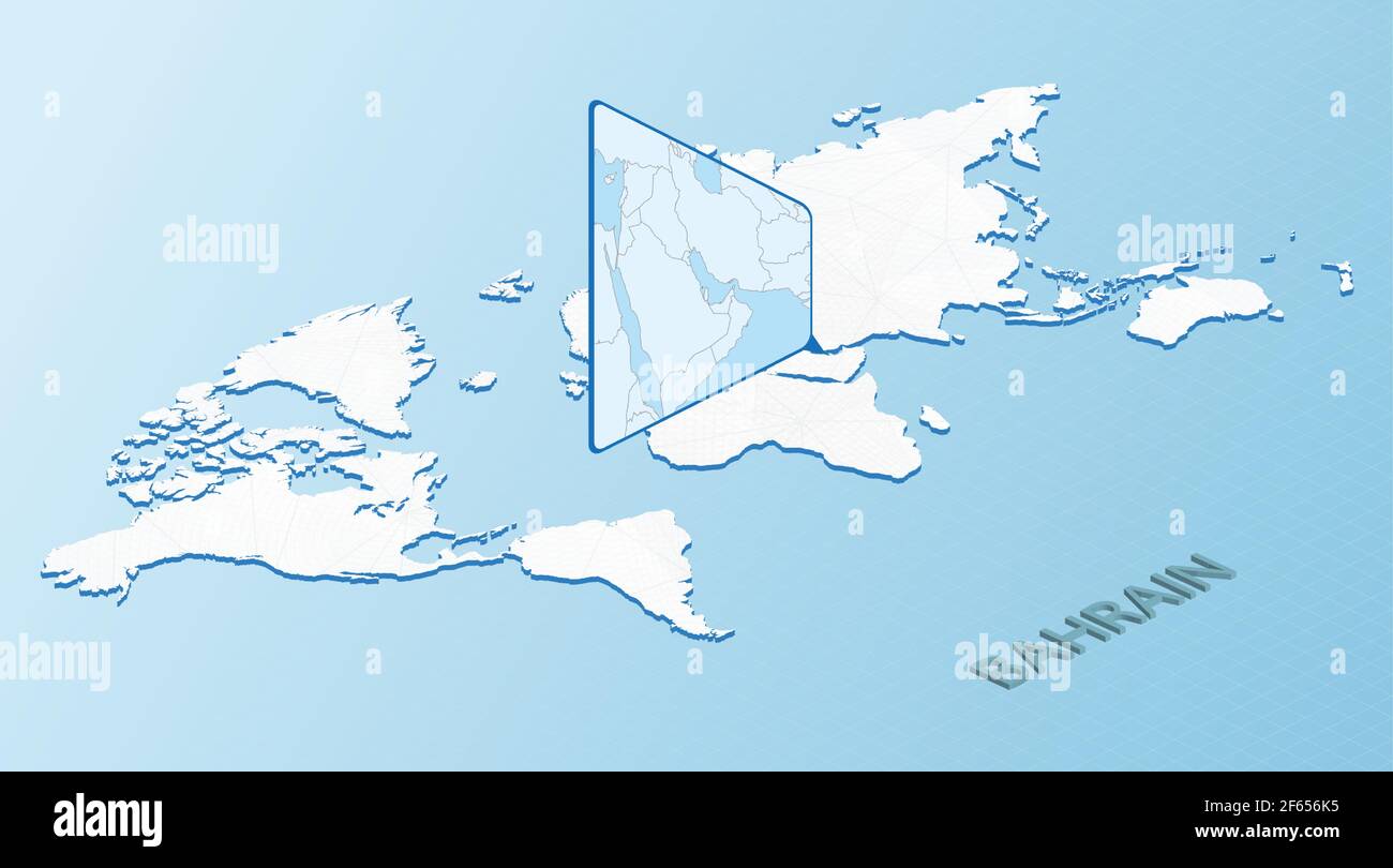World Map in isometric style with detailed map of Bahrain. Light blue ...