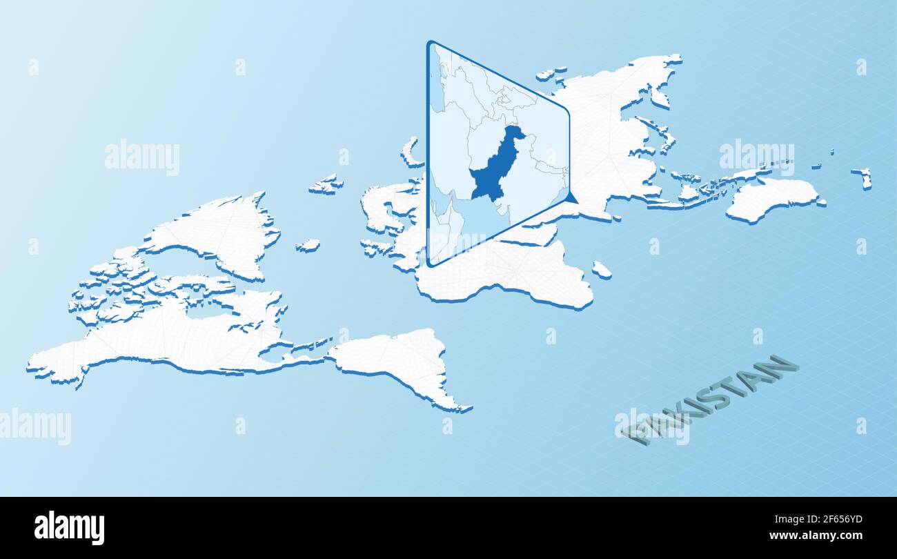 World Map in isometric style with detailed map of Pakistan. Light blue ...