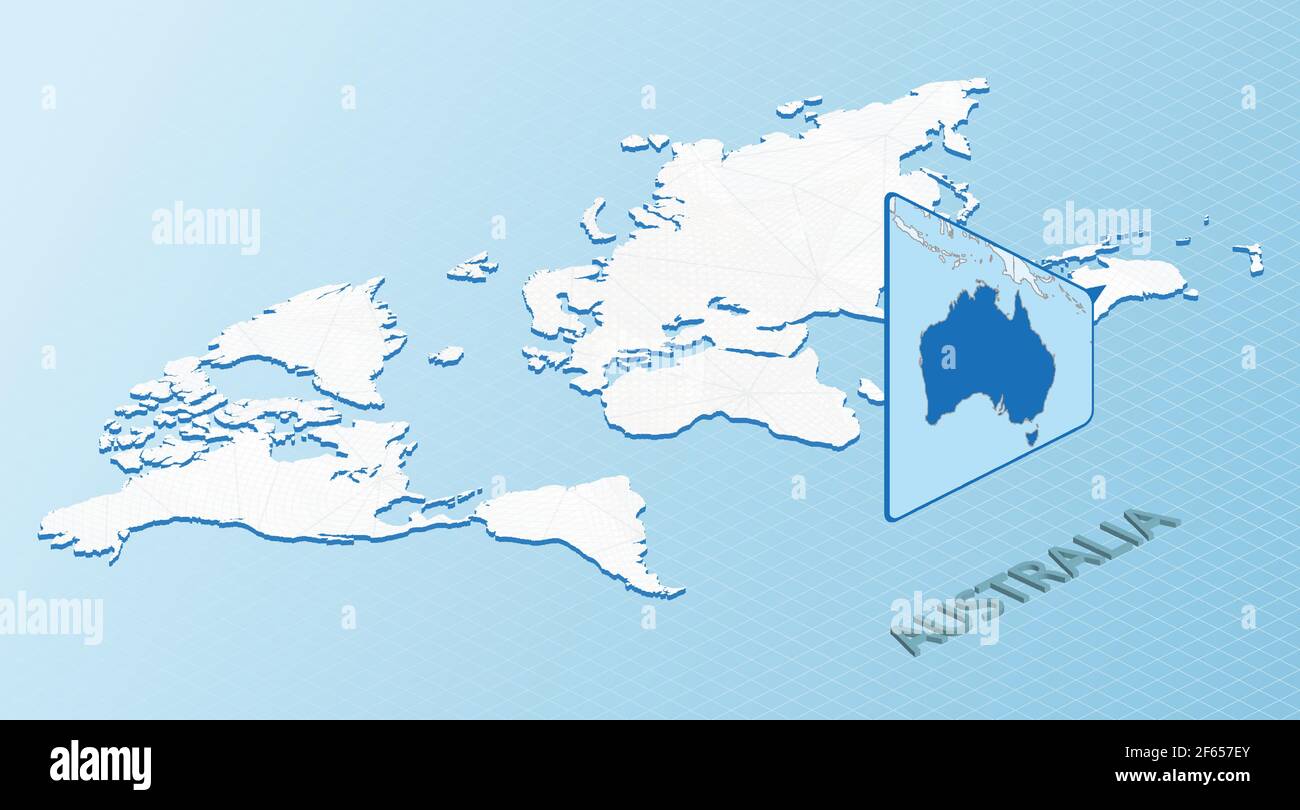World Map in isometric style with detailed map of Australia. Light blue ...