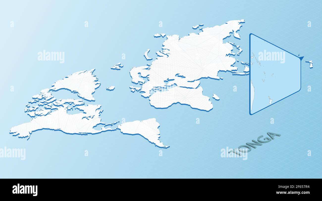 World Map in isometric style with detailed map of Tonga. Light blue ...