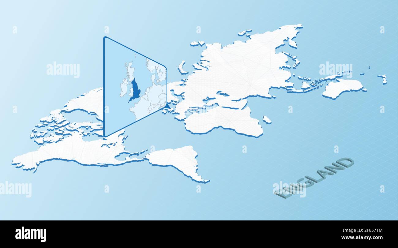 World Map in isometric style with detailed map of England. Light blue ...