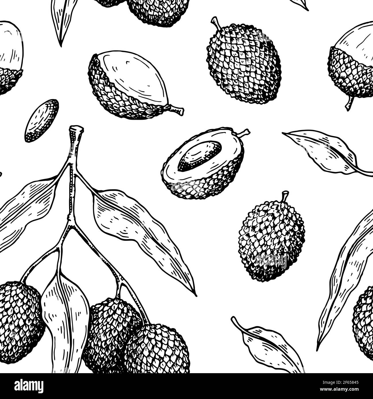 Hand drawn seamless pattern with lychee fruits, branches and leaves ...