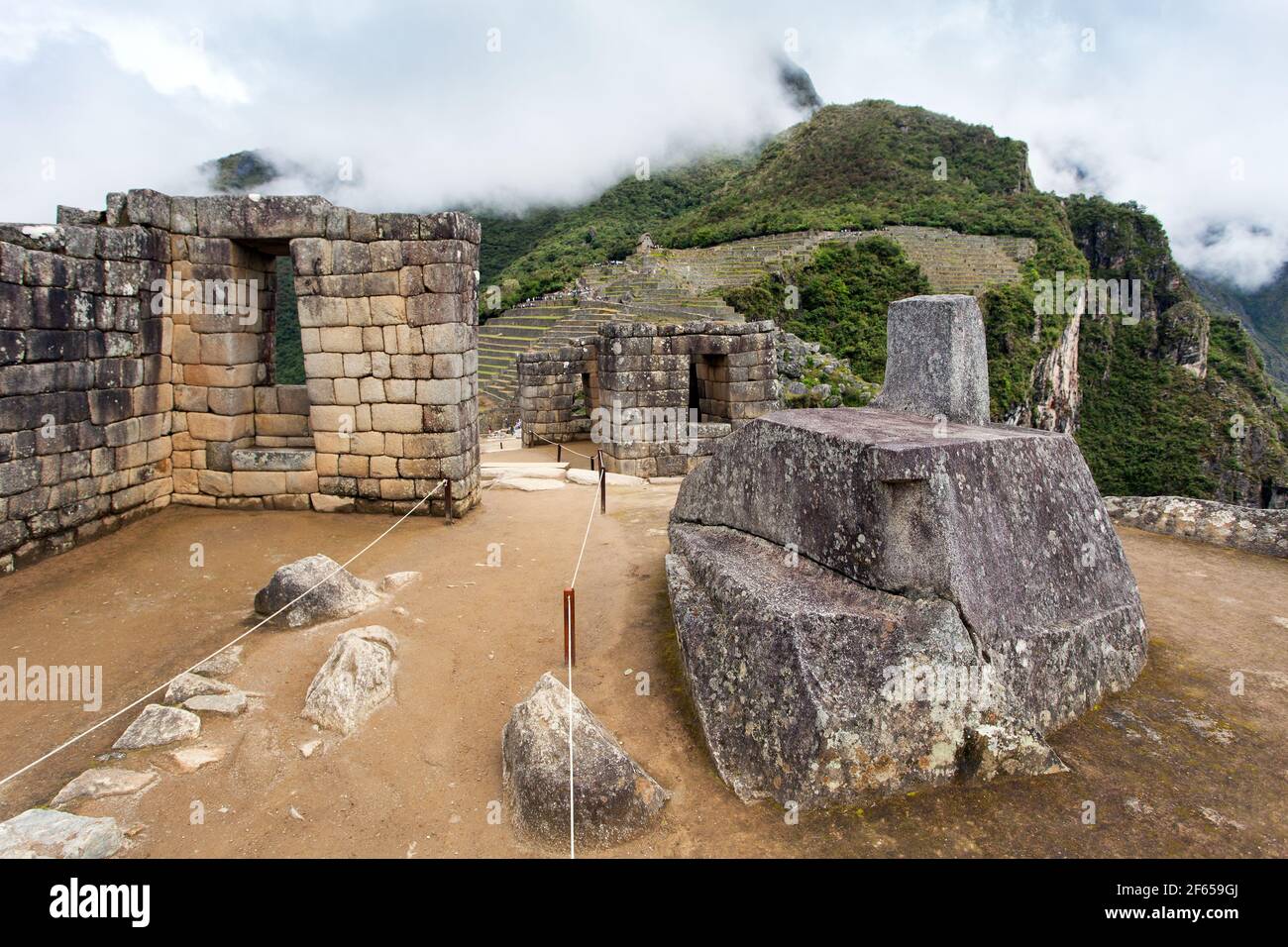 Machu Picchu, Intihuatana stone, detail from peruvian incan town ...