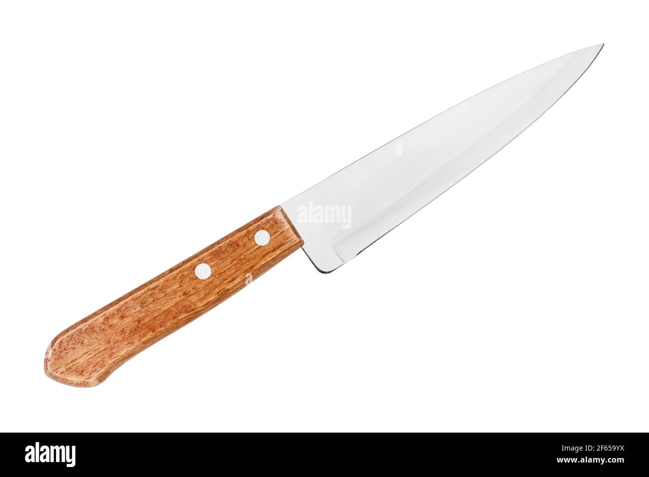 Steel knife with brown wooden handle on white background isolated close ...