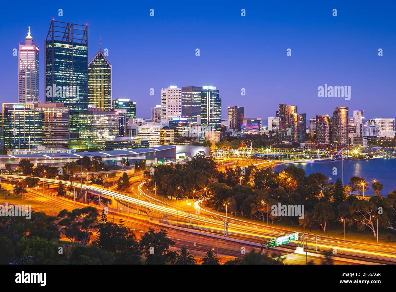 night scene of perth skyline, capital of western australia in australia ...