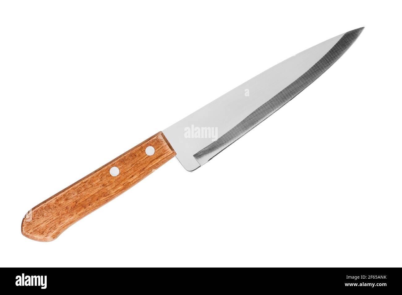 Steel knife with brown wooden handle on white background isolated close ...