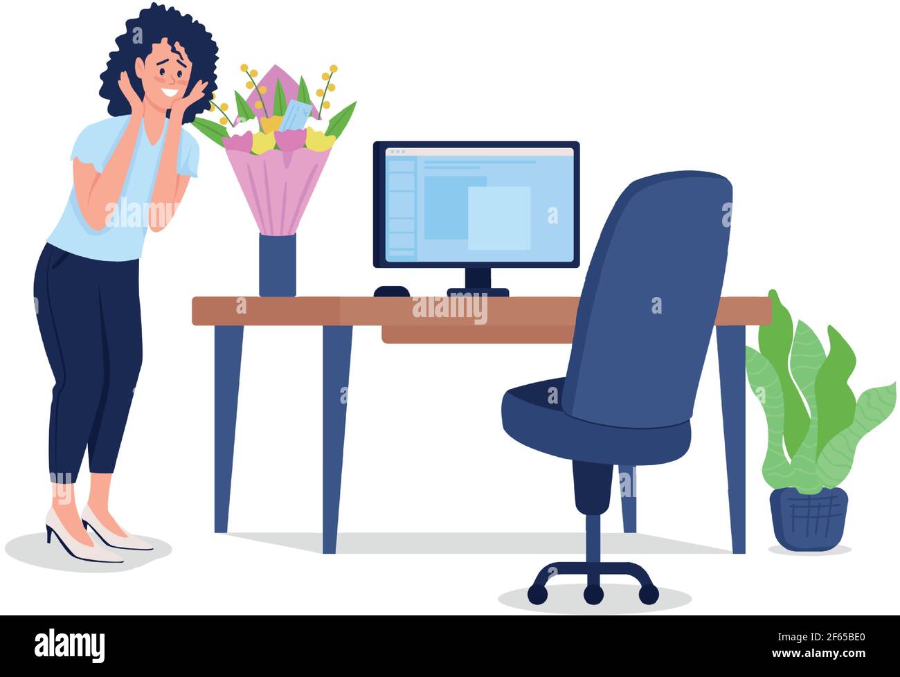 Woman surprised by bouquet at workplace flat color vector detailed ...
