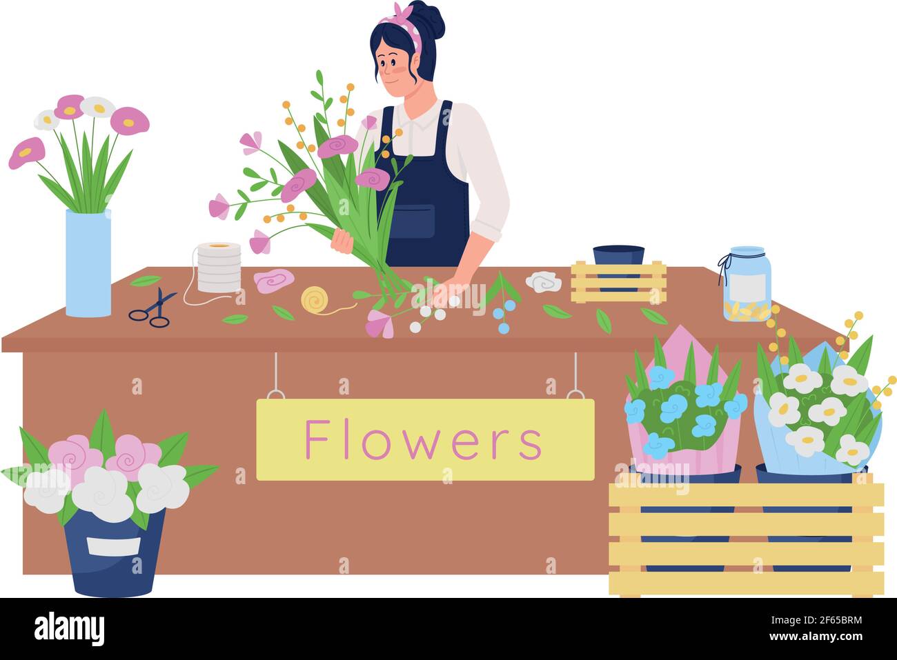 Female caucasian florist making floral arrangement flat color vector ...