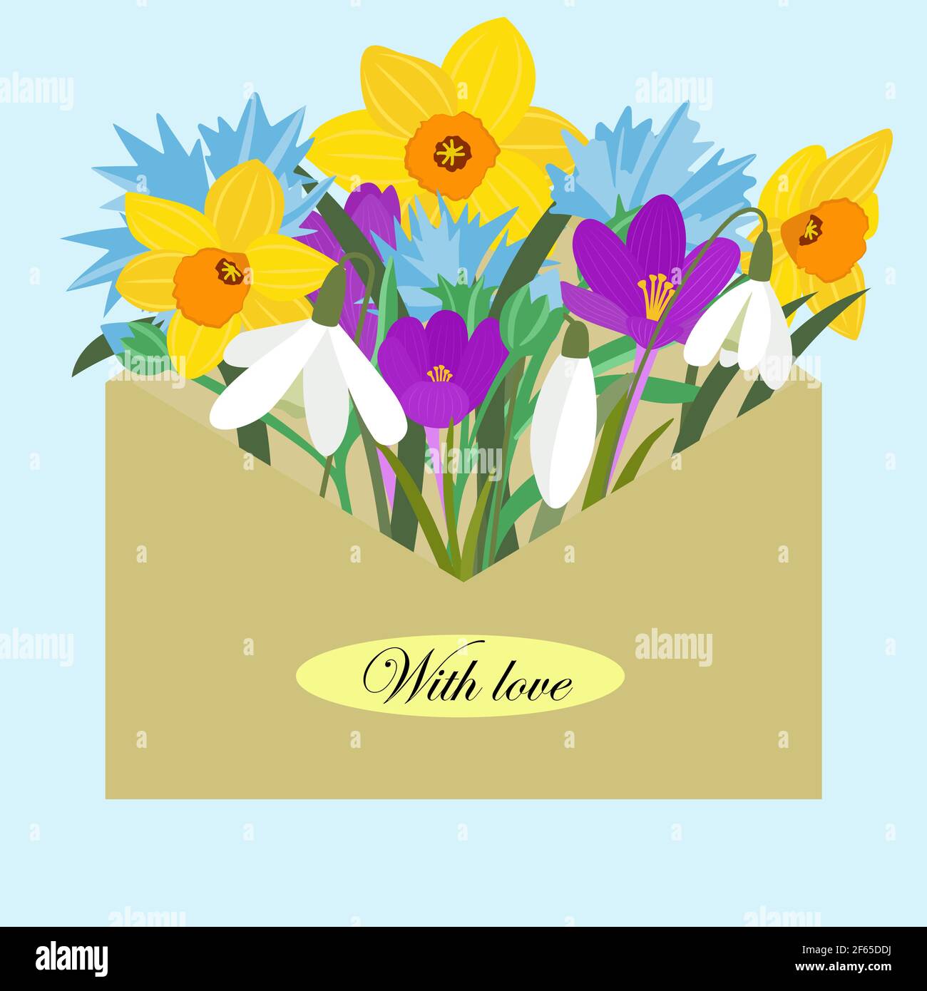 Envelope with spring flowers. Flowers daffodils, snowdrops, cornflowers ...