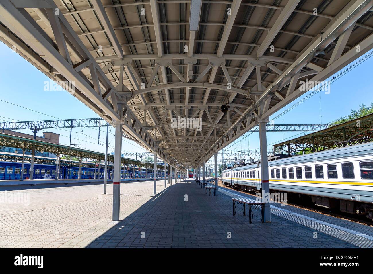 Train on Moscow passenger platform (Belorussky railway station) is one ...