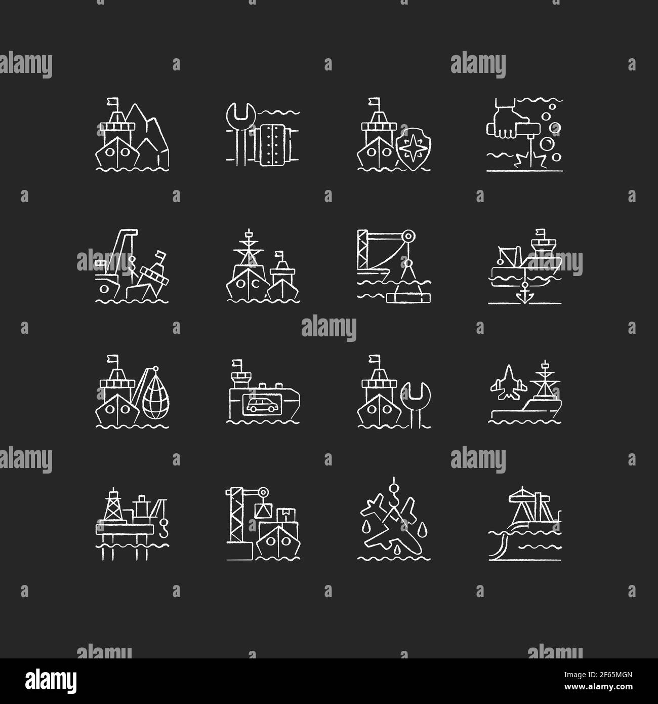 Marine industry chalk white icons set on black background Stock Vector ...