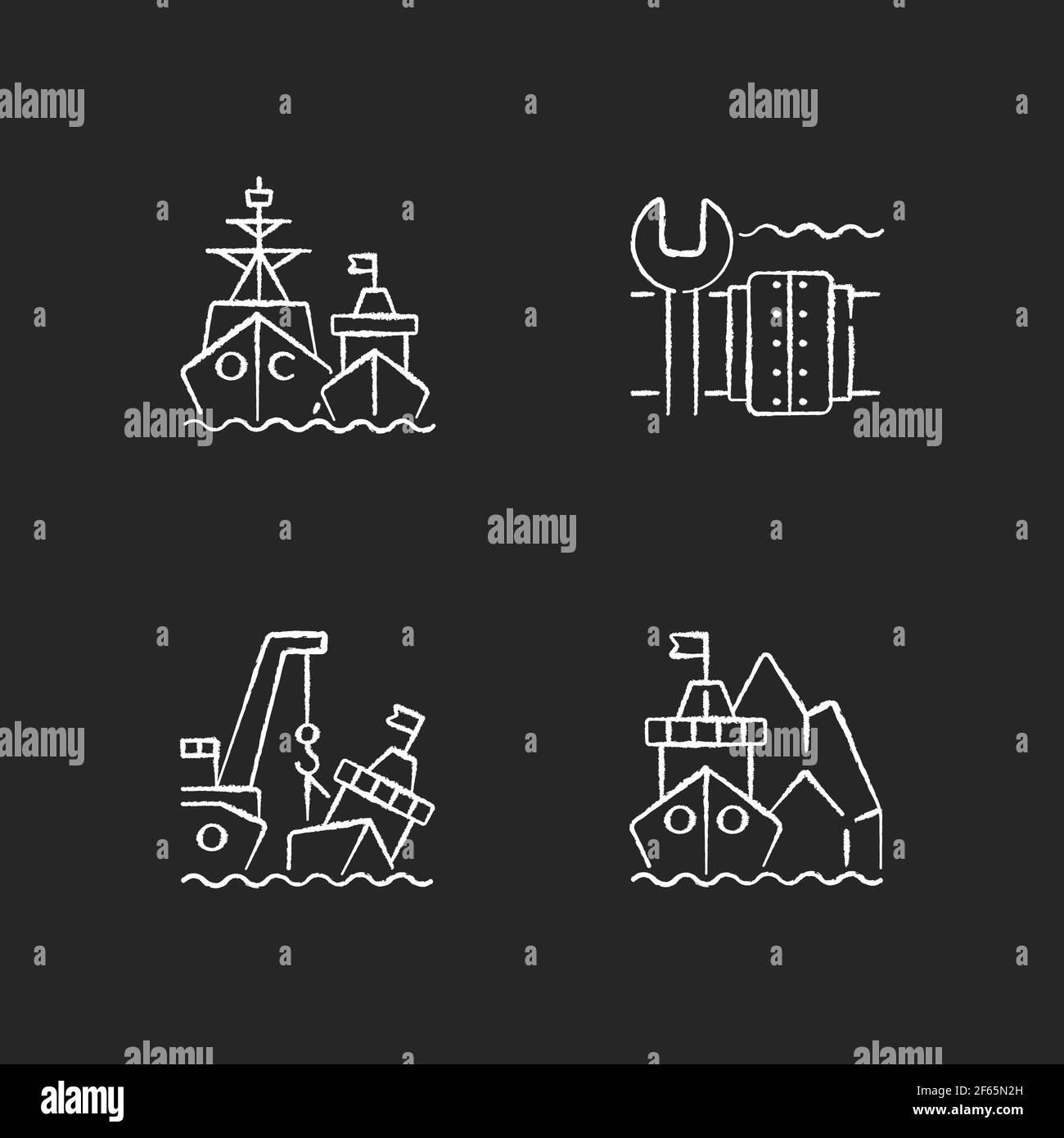 Maritime structures and regulation chalk white icons set on black ...