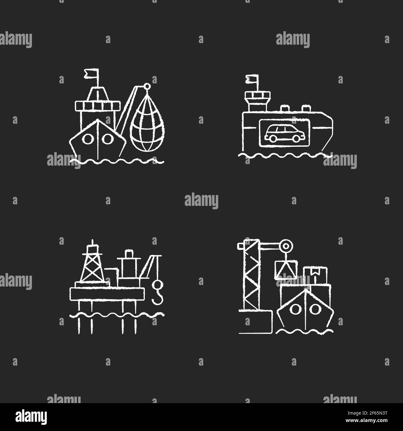 Marine industry sector chalk white icons set on black background Stock ...