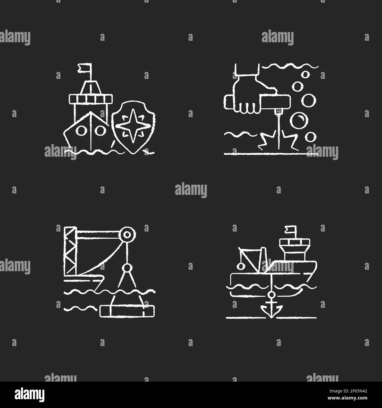Maritime industry chalk white icons set on black background Stock ...