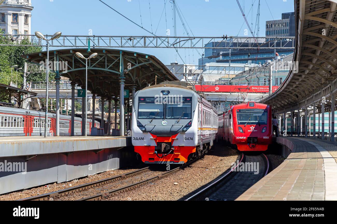 Train on Moscow passenger platform (Belorussky railway station) is one ...