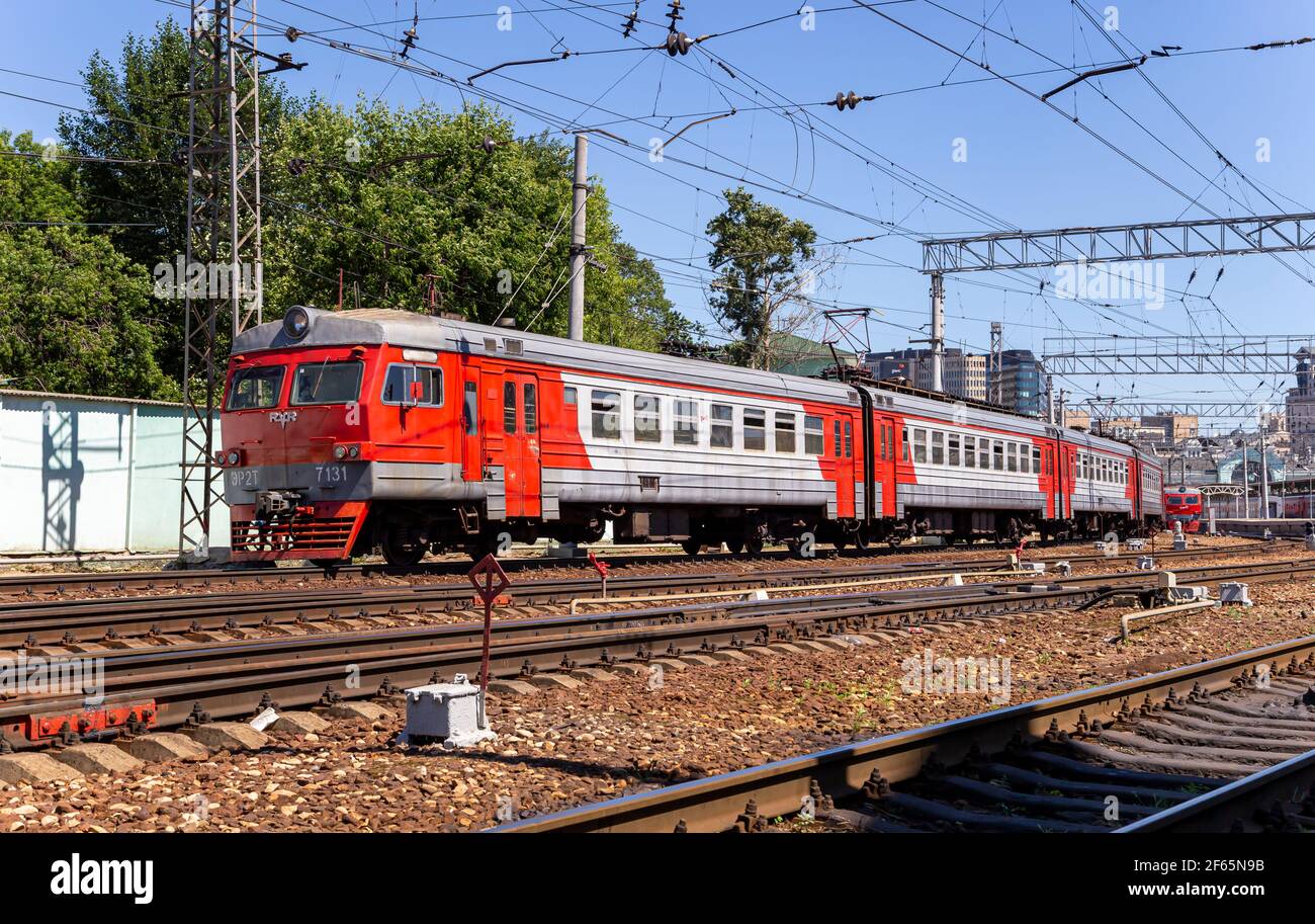 Train on Moscow passenger platform (Belorussky railway station) is one ...