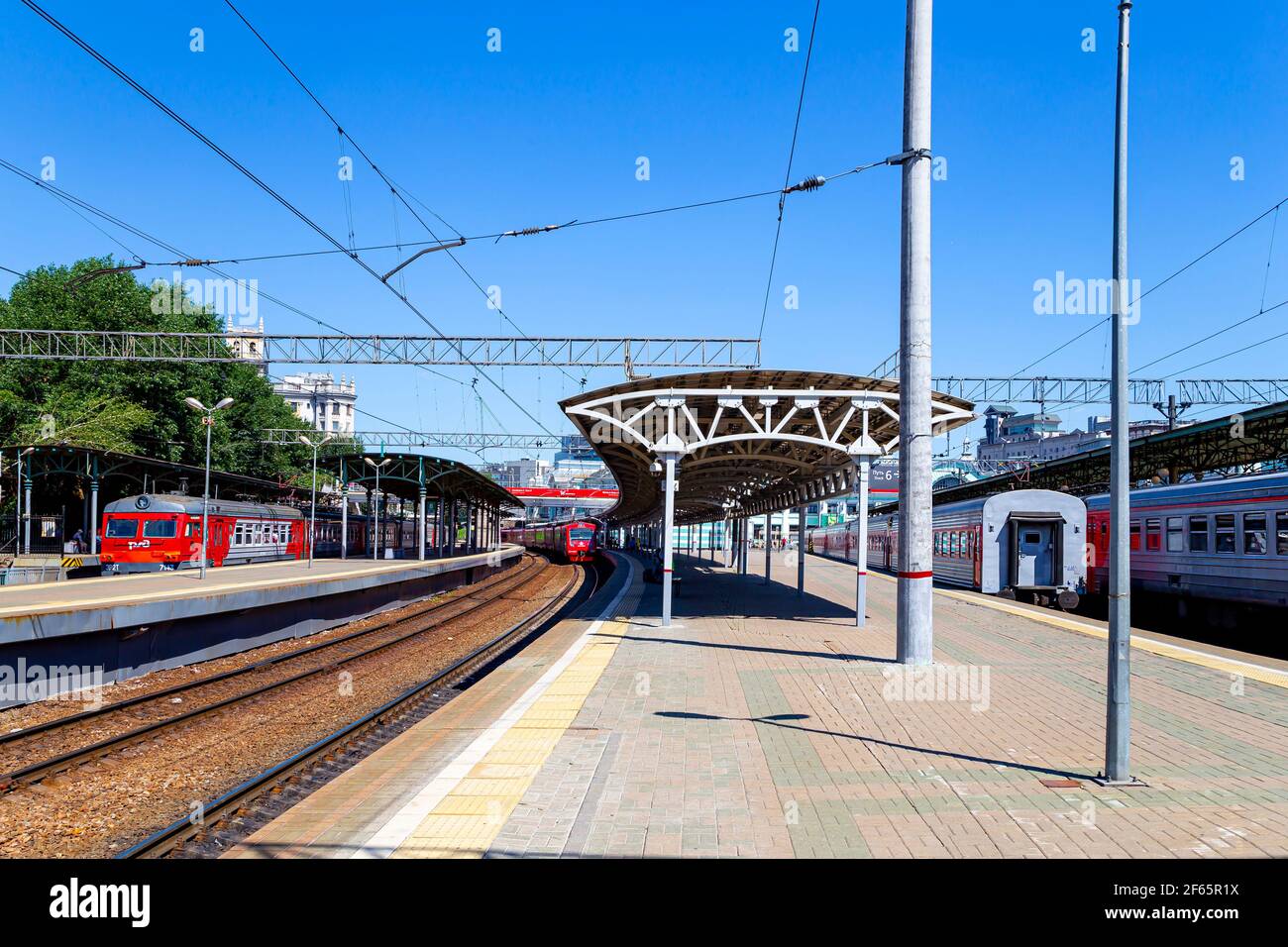 Train on Moscow passenger platform (Belorussky railway station) is one ...