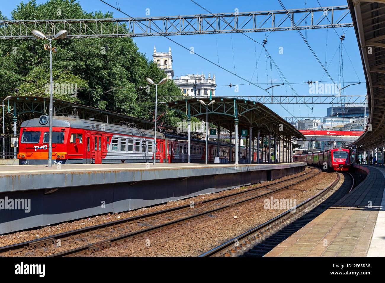 Train on Moscow passenger platform (Belorussky railway station) is one ...