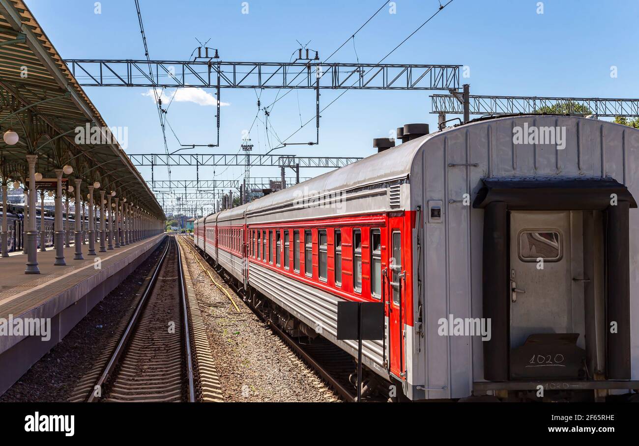 Train on Moscow passenger platform (Belorussky railway station) is one ...