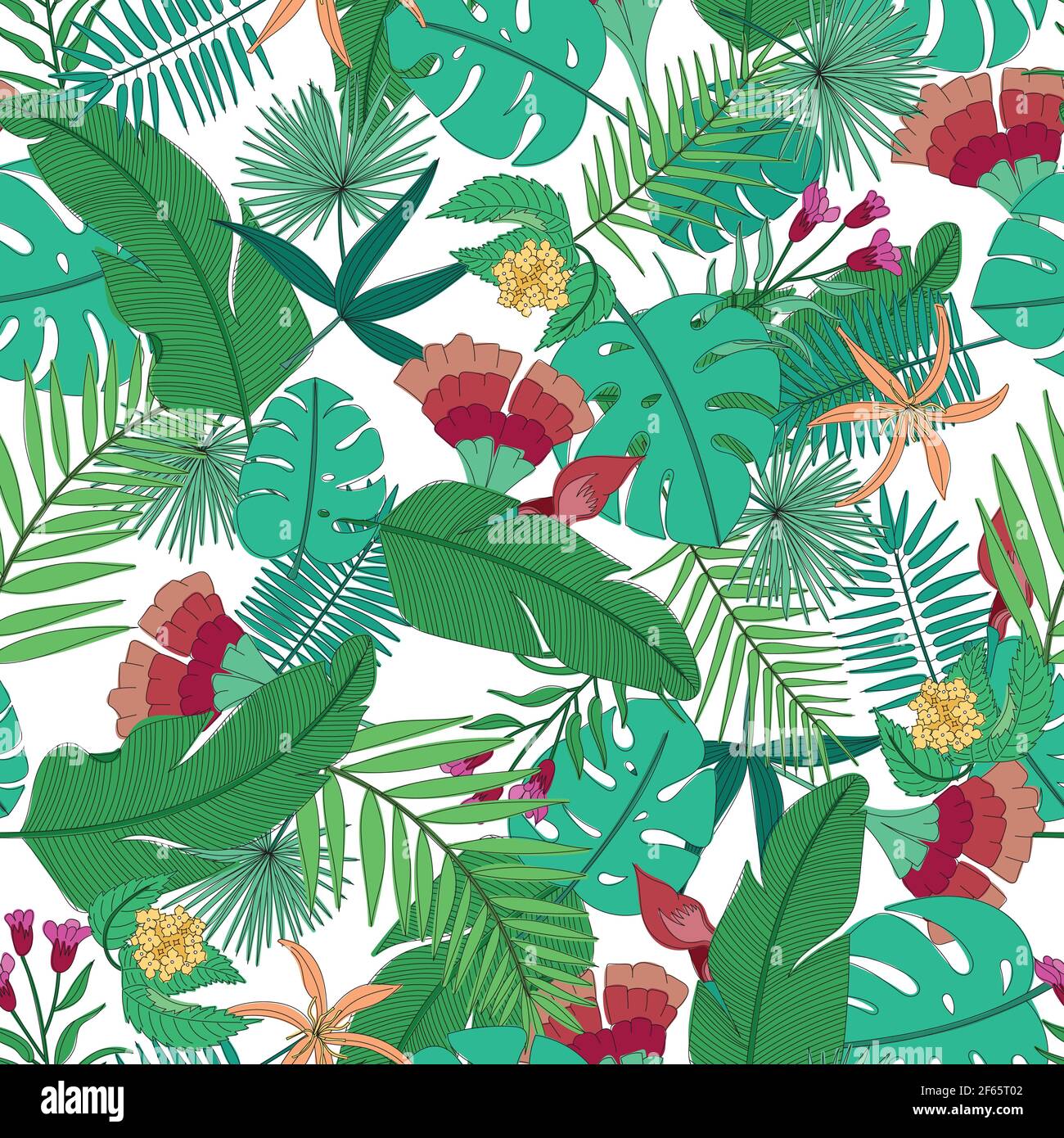 Vector seamless tropical leaves pattern, with palm leaves, monstera and ...